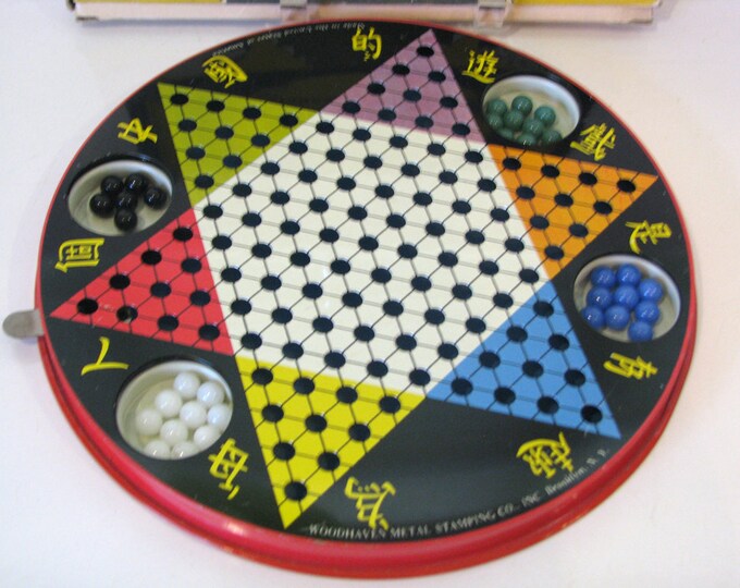 Vintage 1950s Metal Tin Chinese Checkers Game Complete in Original Box ...