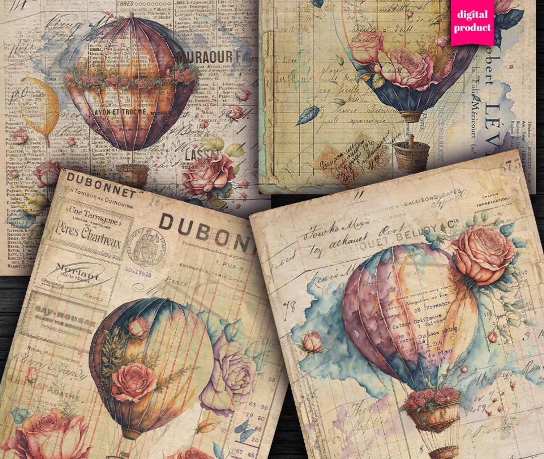 Vintage Hot Air Balloon Ephemera: Travel Junk Journal Kit (digital ...