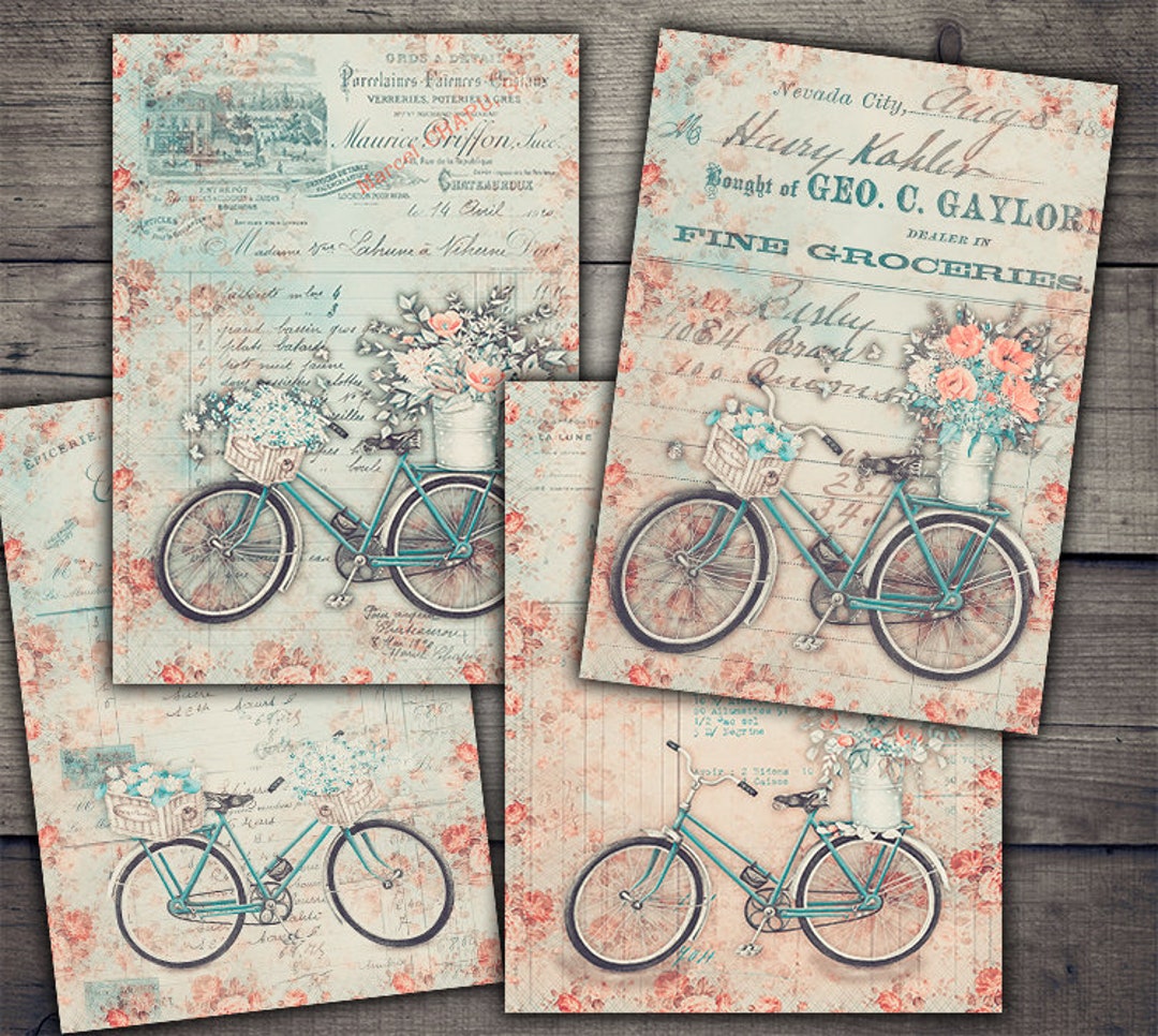 DIGITAL Bicycle With Flowers Digital Paper Printables Digital Collage ...