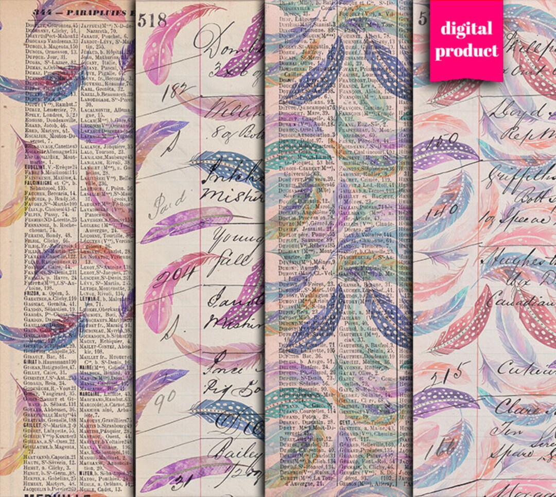 DIGITAL Feather Ephemera - Printable Vintage Feather Papers Download ...