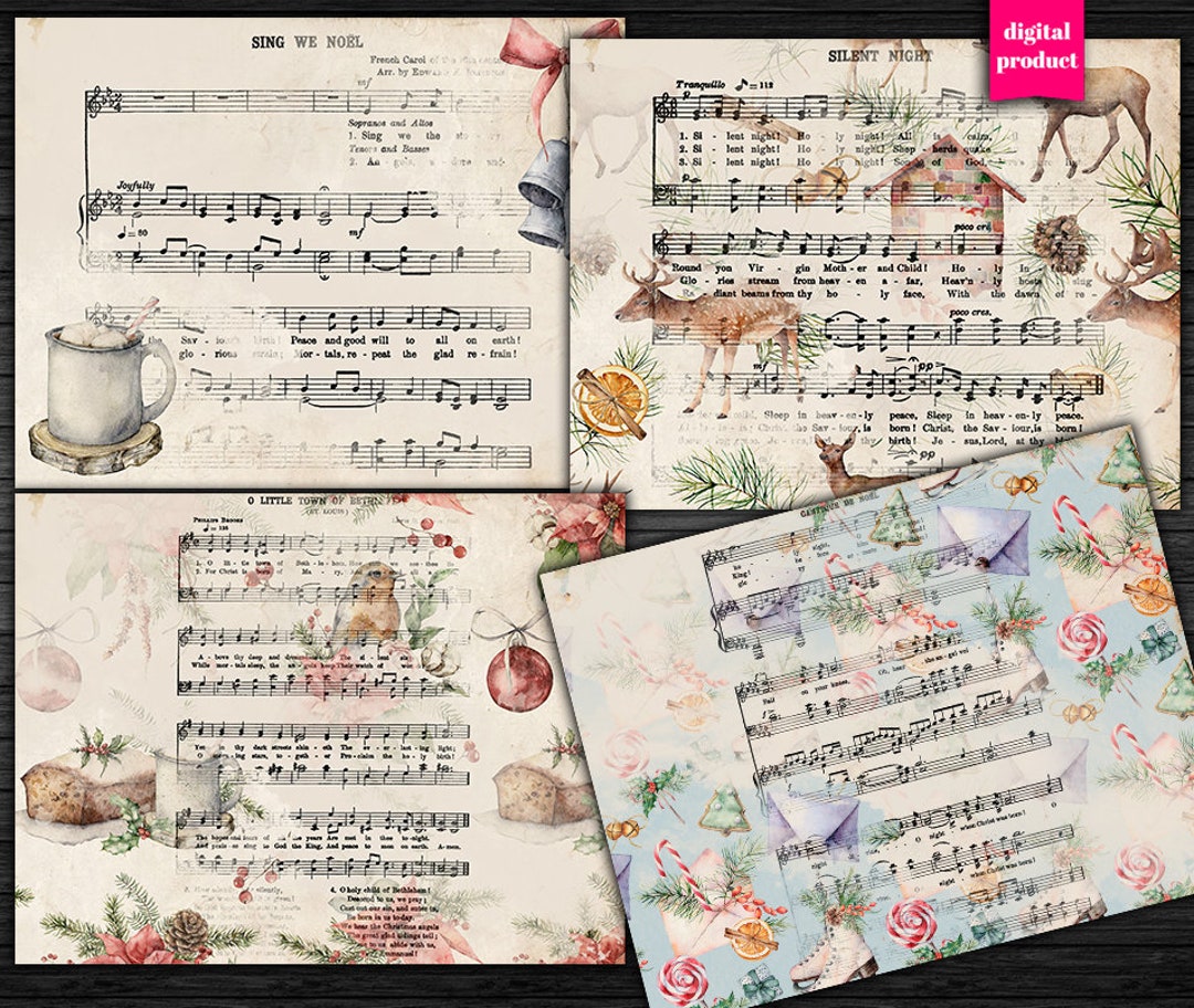 DIGITAL Christmas Music Sheets - Vintage Christmas Songs Digital Papers ...