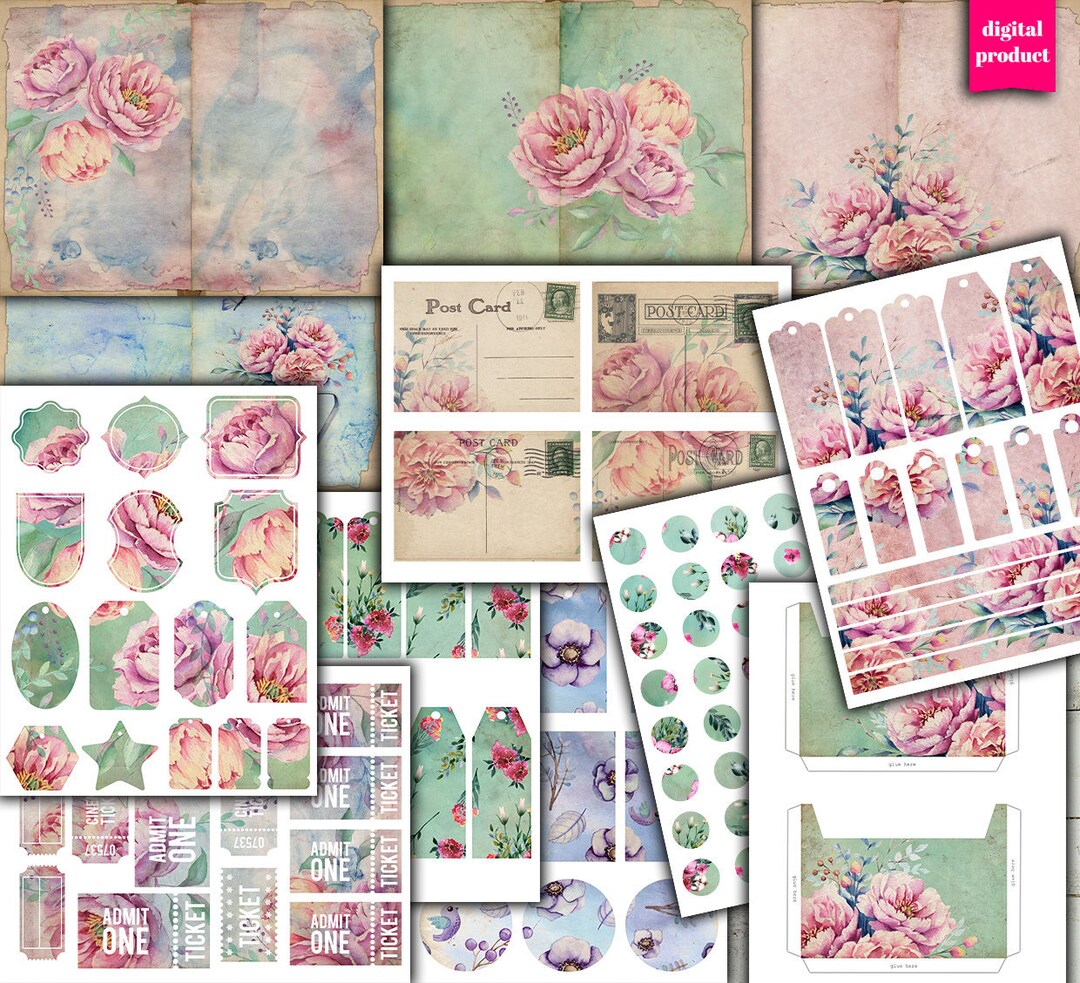DIGITAL Floral Junk Journal Kit Download - Printable Vintage Botanical ...