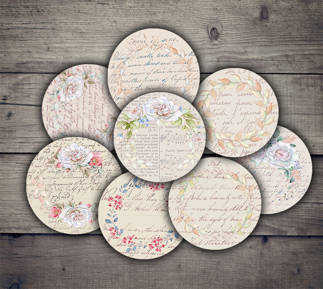 DIGITAL Floral Wreath Handwritten Ephemera - 2.5 Inch Digital Circles ...