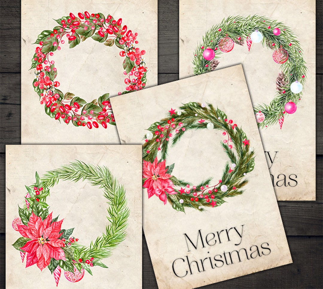 Vintage Christmas Wreath Cards: Printable Holiday Papers (digital ...