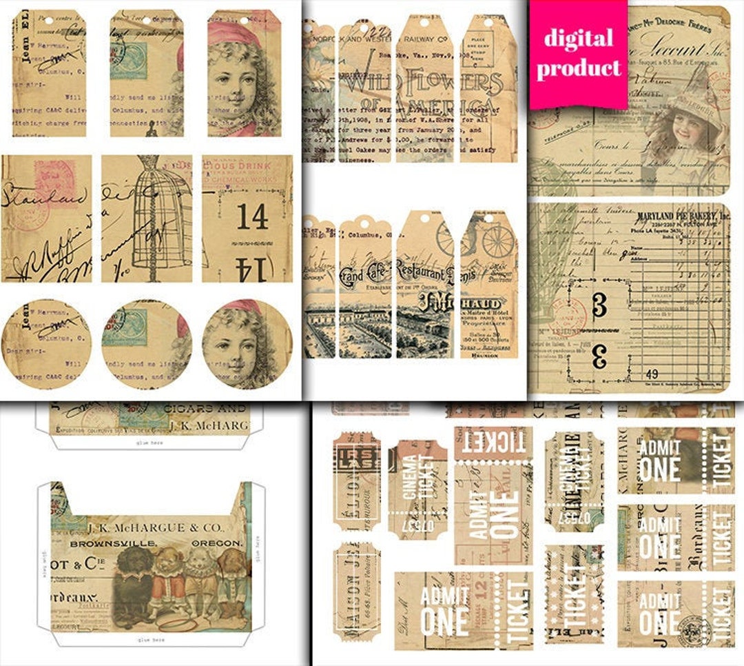DIGITAL Vintage Junk Journal Kit - Printable Grunge Ephemera Download ...
