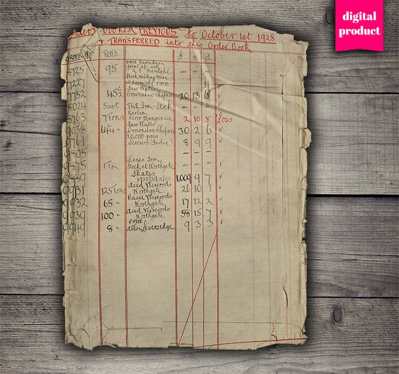 1920's Antique Accounting Ledger: Printable Grunge Ephemera (digital ...