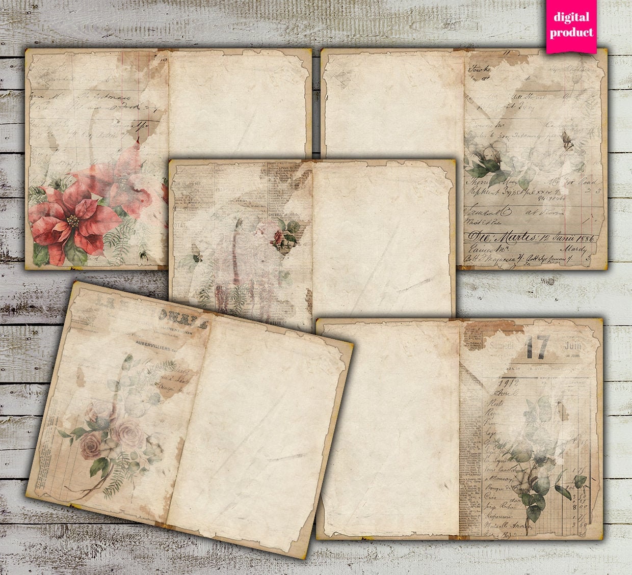 DIGITAL Grunge Botanical Junk Journal Pages Printable Grunge - Etsy