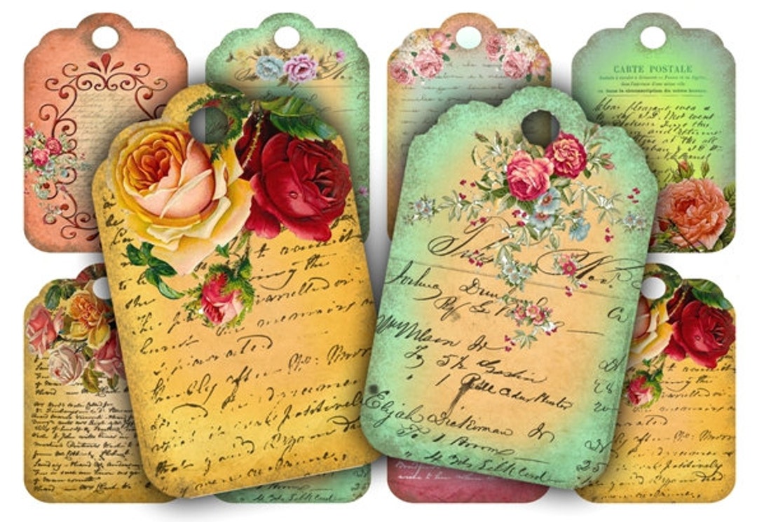 Roses Ephemera Tags: Vintage Floral Digital Collage Sheet (digital ...