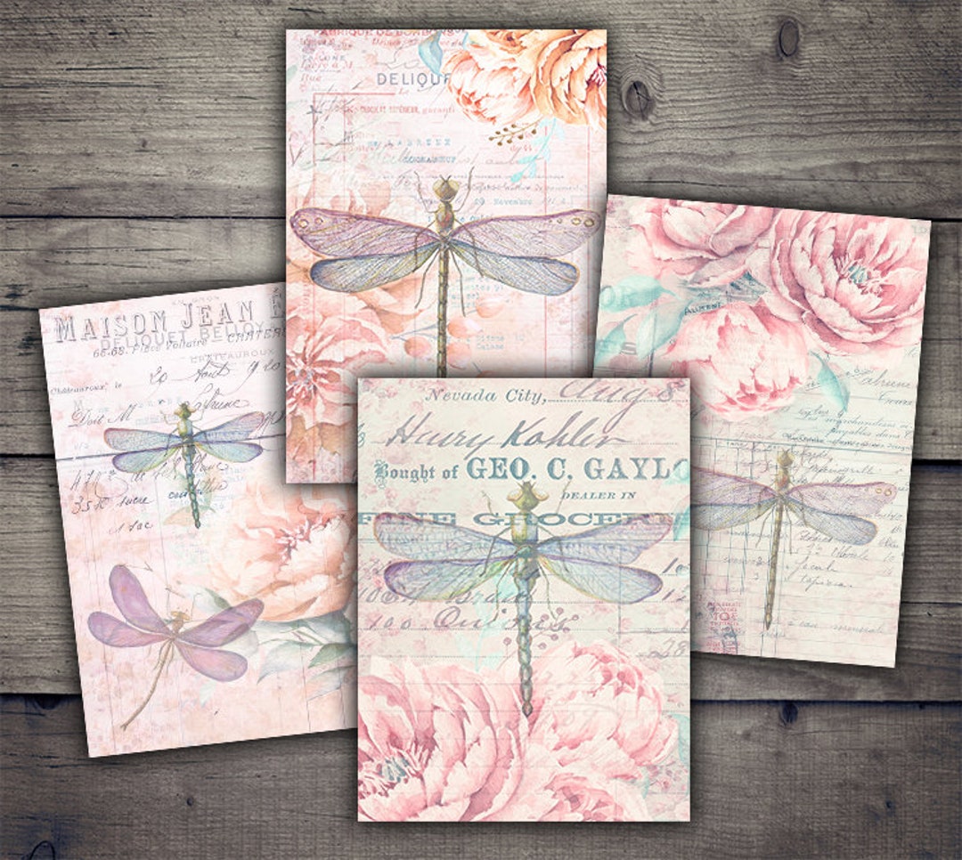 DIGITAL Printable Dragonfly Floral Papers - Digital Collage Sheet ...
