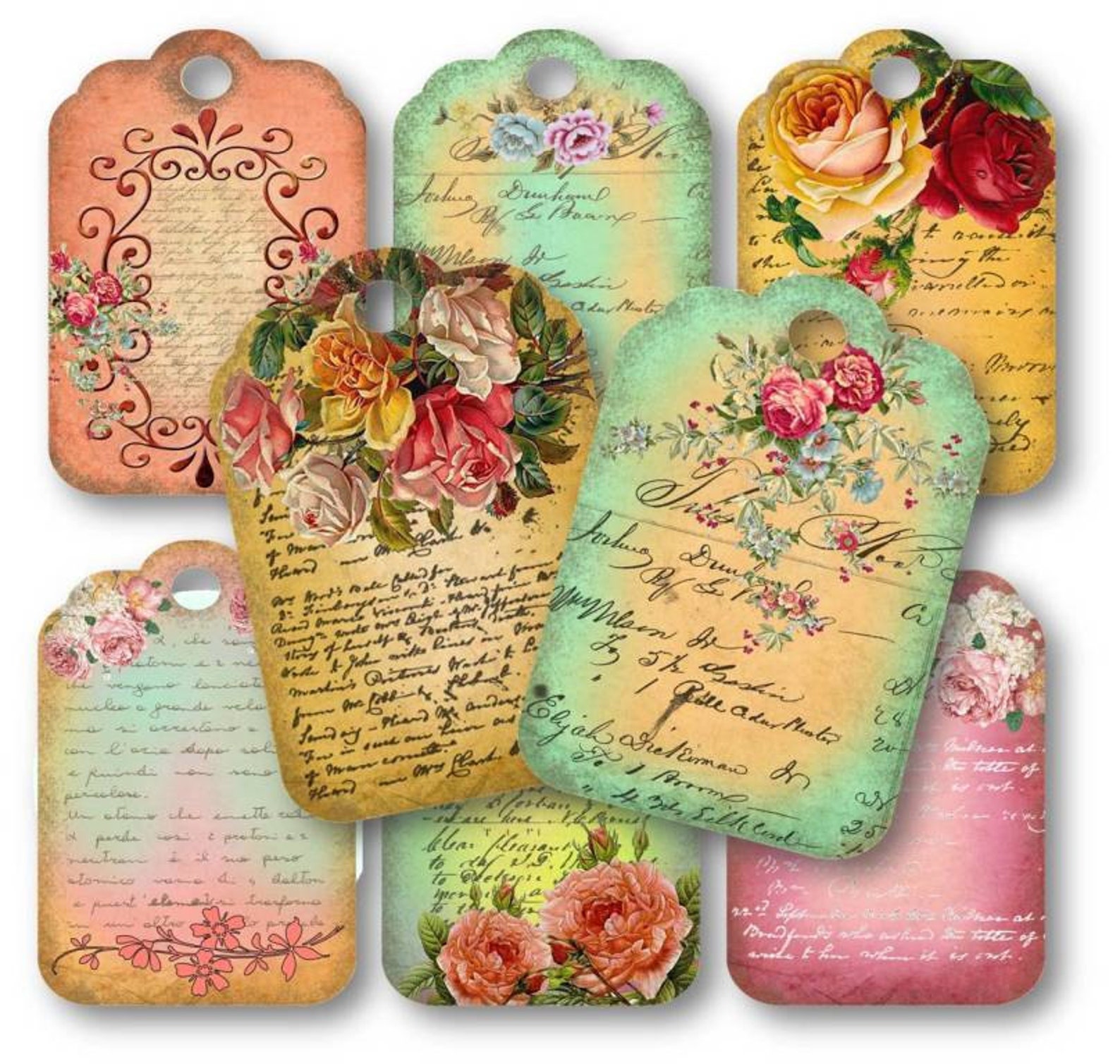 Roses Ephemera Tags: Vintage Floral Digital Collage Sheet (digital ...