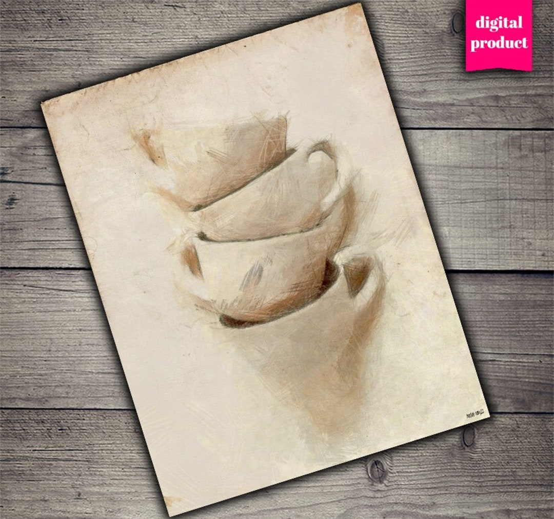 DIGITAL Stacked Teacups Hand Drawn Illustration - Printable Coffee Cups ...