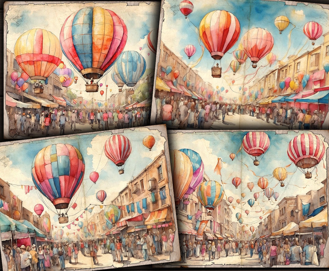 Hot Air Balloon Digital Paper, Vintage Hot Air Balloon Clipart, Digital ...