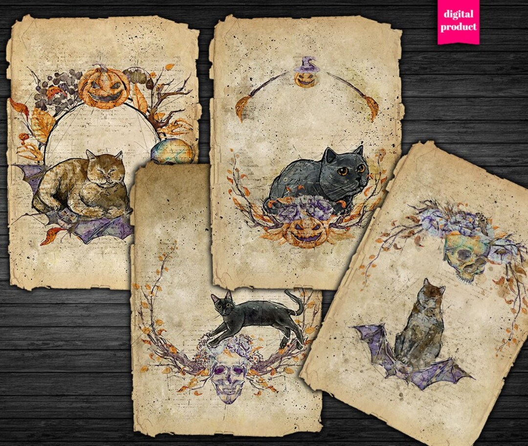 DIGITAL Grunge Halloween Cats - Vintage Halloween, Skulls, Halloween ...