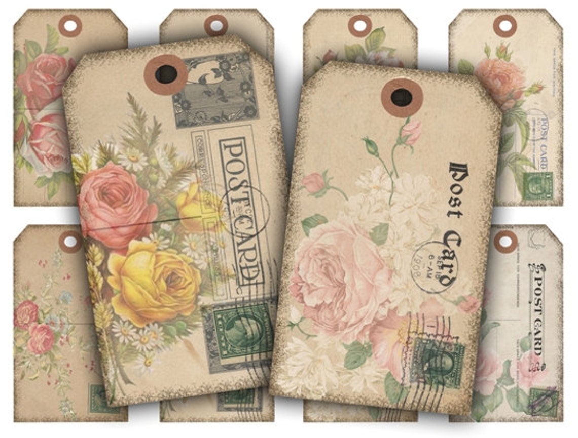 DIGITAL Floral Postcard Tags Digital Collage Sheet Download | Etsy