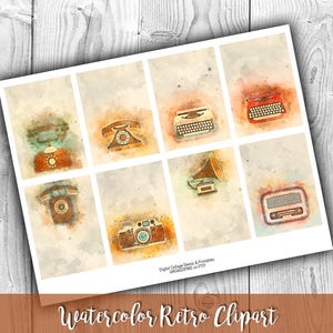 DIGITAL Watercolor Retro Camera - Phone - Typewriter - Gramophone ...