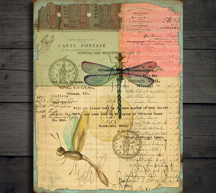 DIGITAL Vintage Dragonfly Ephemera - Digital Collage Sheet Download ...
