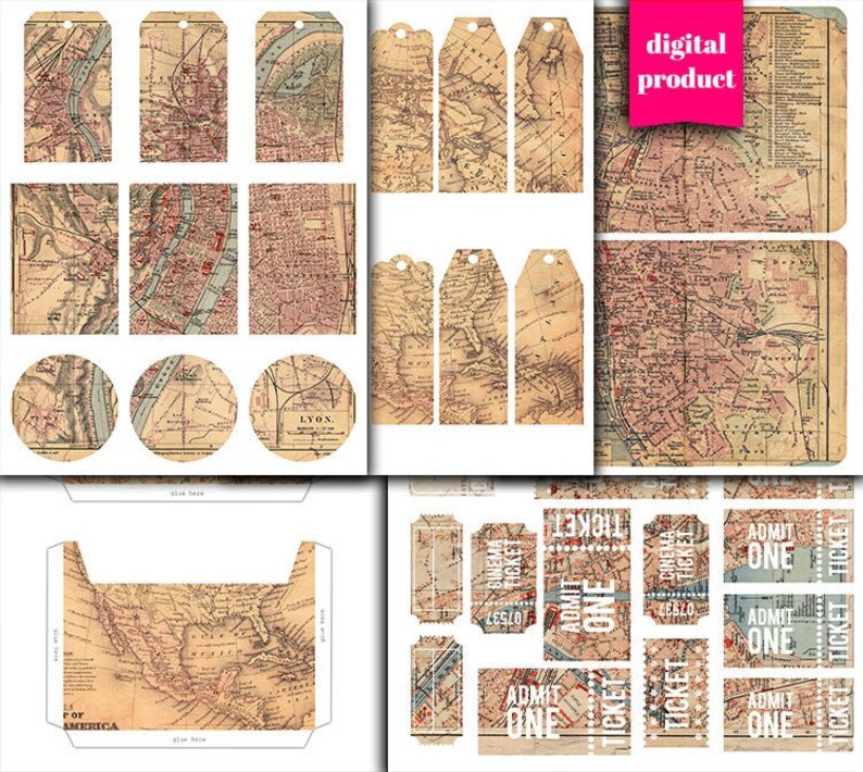 DIGITAL Vintage Maps Junk Journal Kit Printable Grunge World | Etsy