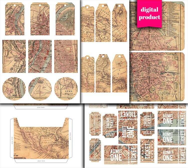 DIGITAL Vintage Maps Junk Journal Kit Printable Grunge World | Etsy