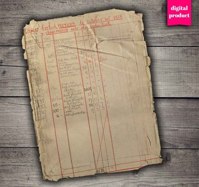 1920's Antique Accounting Ledger: Printable Grunge Ephemera (digital ...