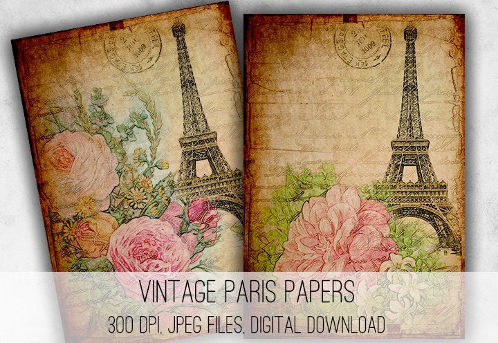 Vintage Paris Digital Collage Sheet: Eiffel Tower & Flowers (digital ...