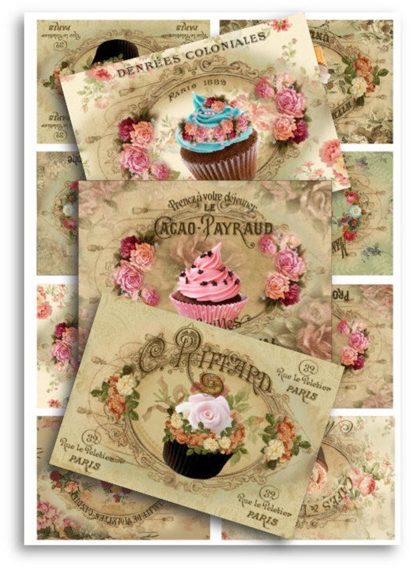 DIGITAL Vintage French Cupcakes Digital Collage Sheet | Etsy