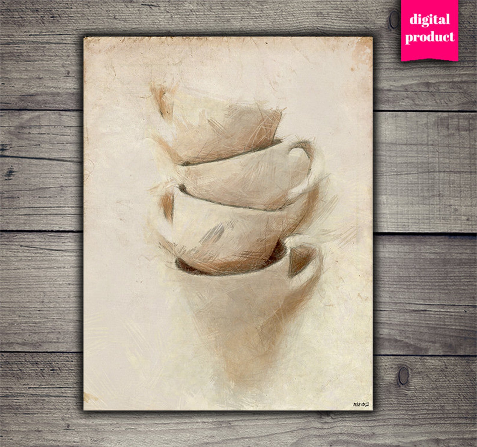 DIGITAL Stacked Teacups Hand Drawn Illustration Printable - Etsy