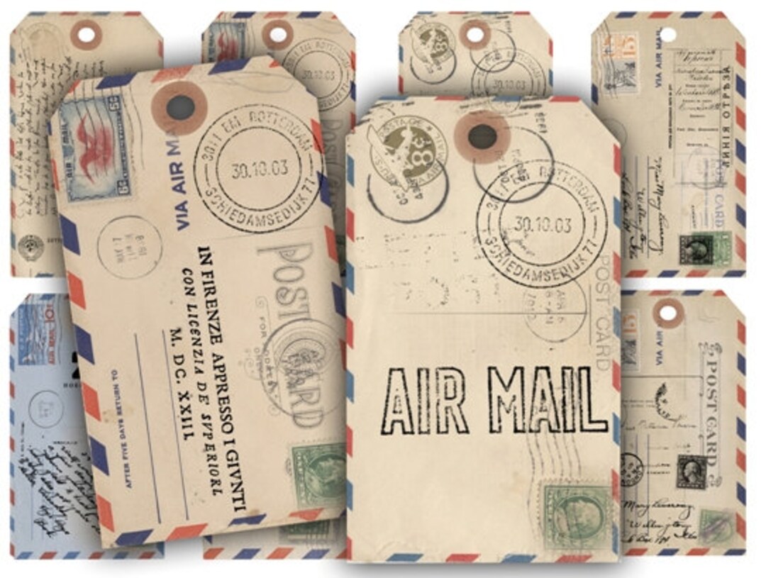 Air Mail Gift Tags , Postal Cards, Digital Collage Sheet, Vintage ...