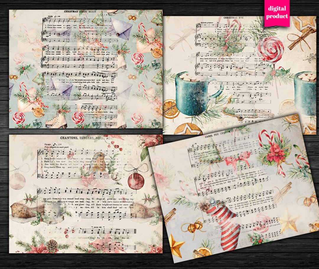 DIGITAL Christmas Music Sheets - Vintage Christmas Songs Digital Papers ...
