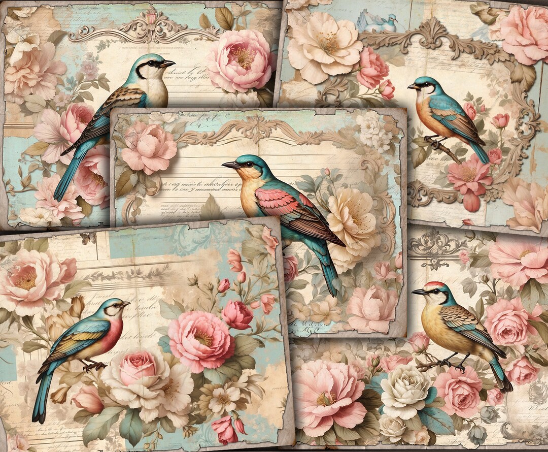 Shabby Chic Floral Bird Digital Collage: Junk Journal Ephemera (digital ...