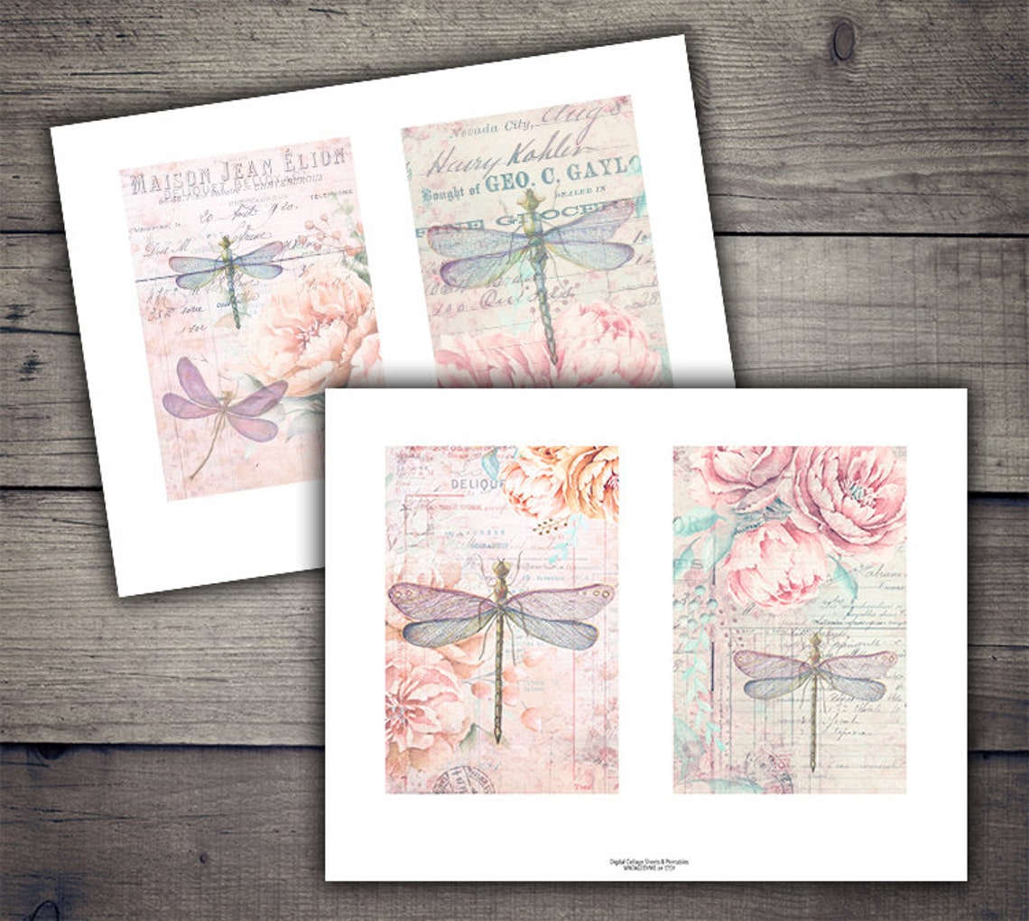 DIGITAL Printable Dragonfly Floral Papers Digital Collage - Etsy