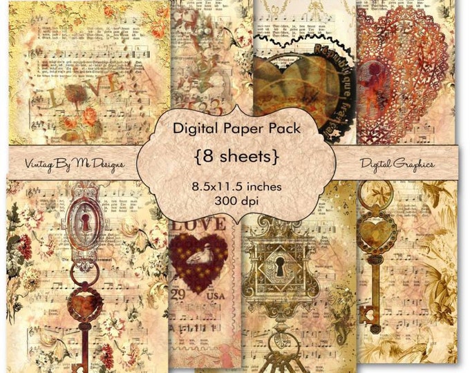Digital Scrapbook Paper Pack Vintage Valentine's Day Heart Keys Digital ...