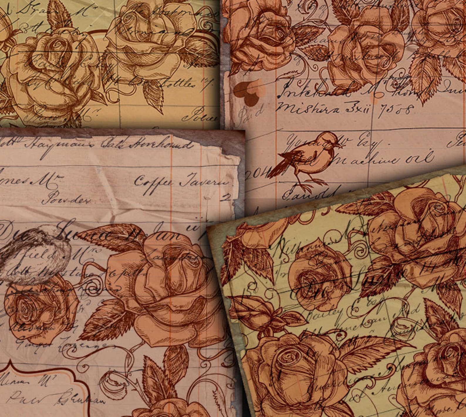 DIGITAL Vintage Roses Digital Papers - Printable Junk Journal Ephemera ...