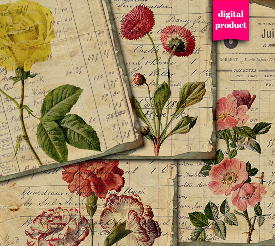 DIGITAL Vintage Floral Ephemera - Printable Vintage Botanical Papers ...