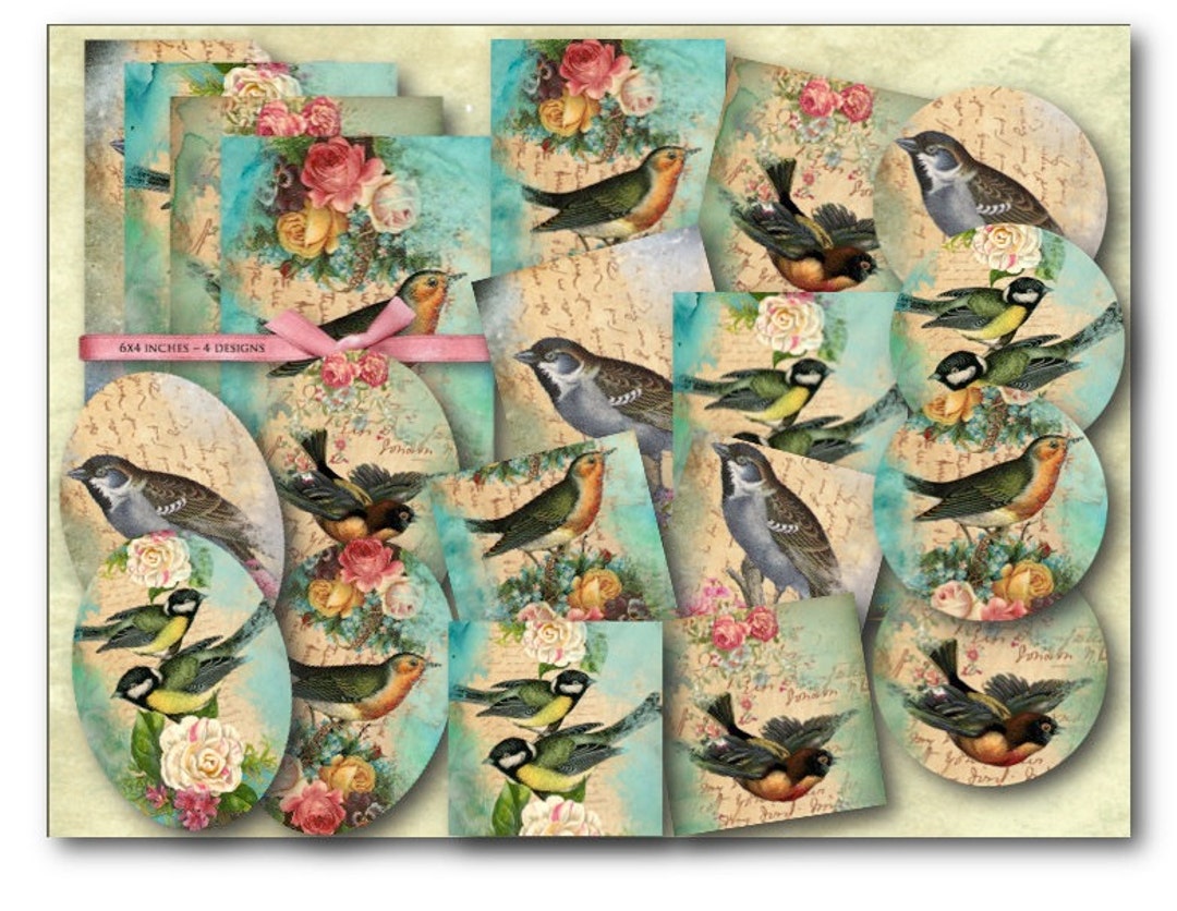 DIGITAL Birds & Flowers Paper Kit - Digital Collage Sheet Download ...