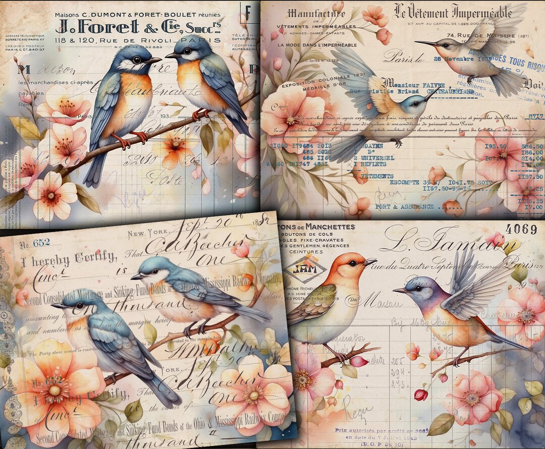 Junk Journal Printable, Floral Scrapbook Paper, Birds, Vintage Ephemera ...