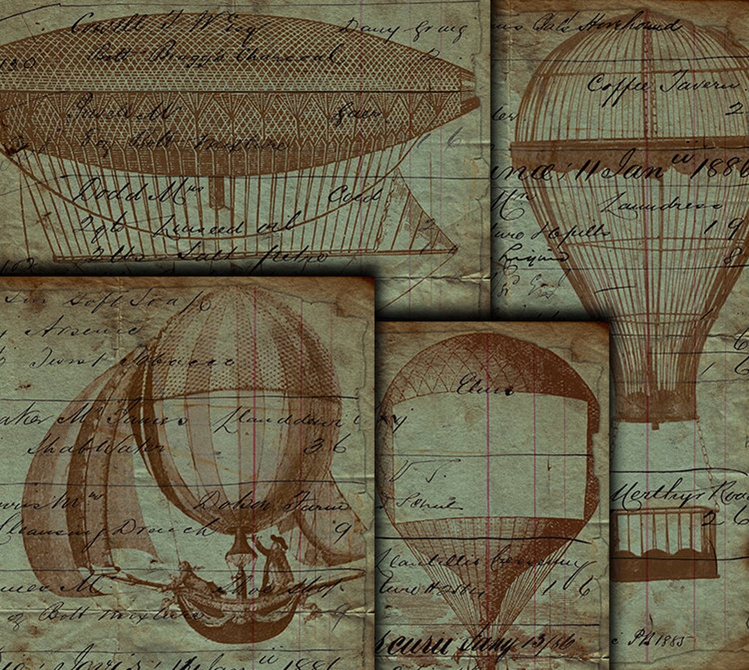 DIGITAL Vintage Grunge Hot Air Balloon - Junk Journal Ephemera ...