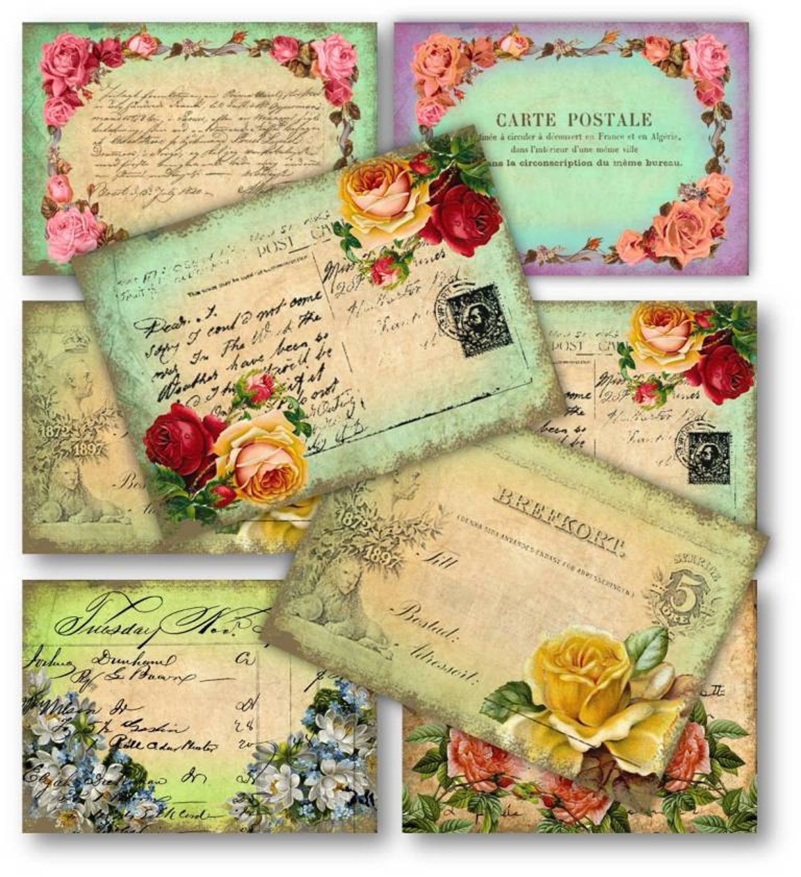 Vintage Roses Postcards Digital Collage Sheet Download 158 | Etsy