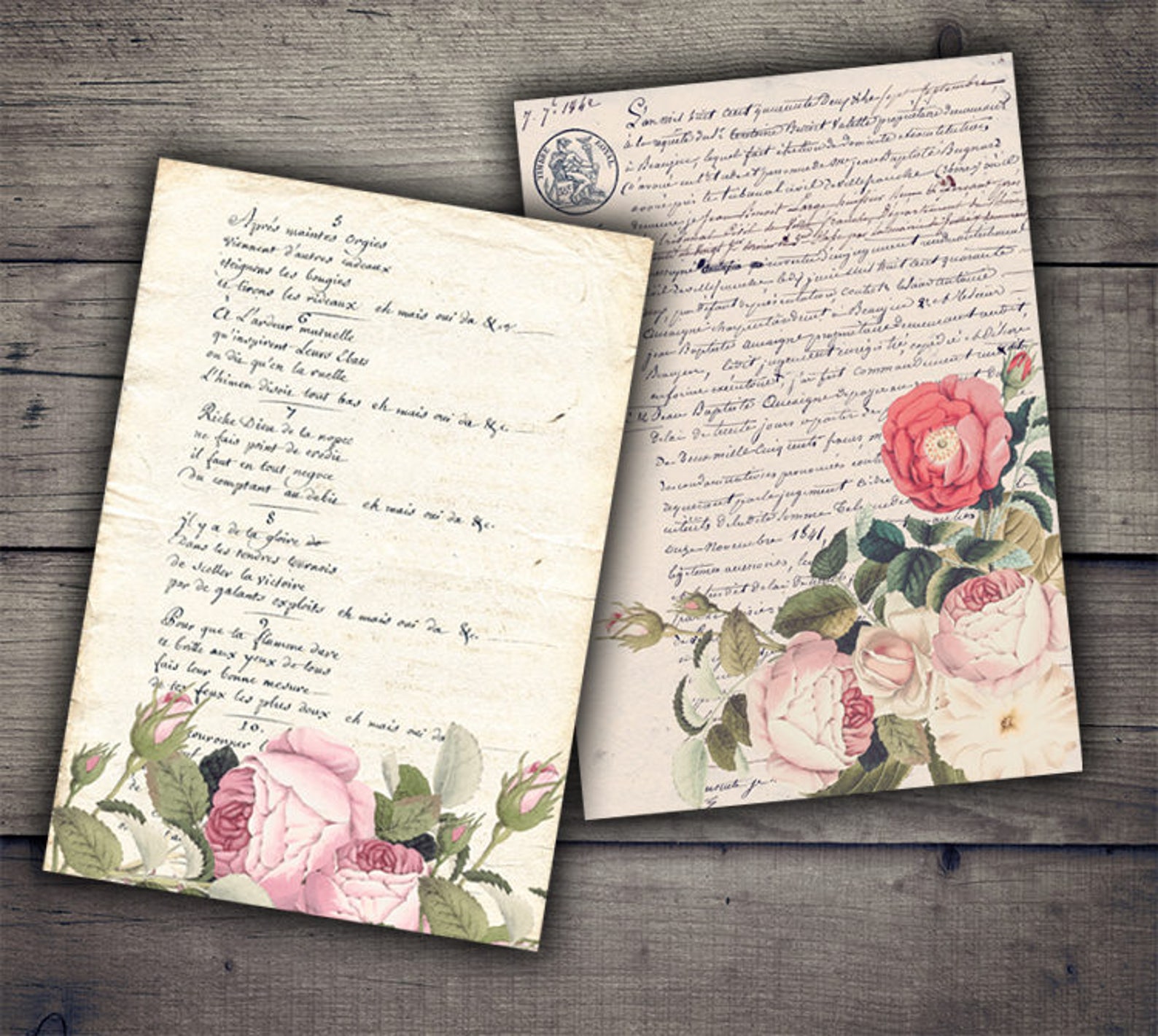 DIGITAL Vintage Roses Handwritten Ephemera Printables - Digital Collage ...