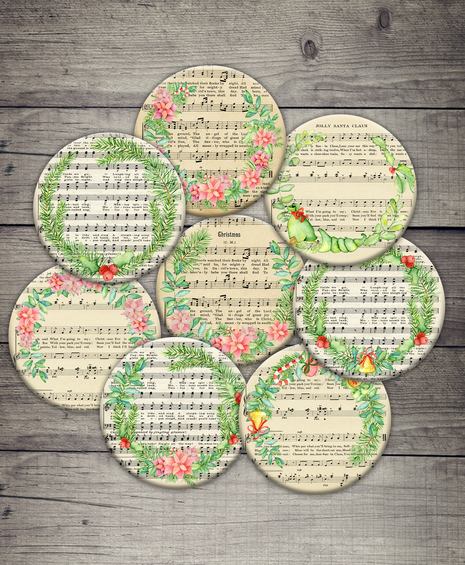 Digital Christmas Music Sheet With Wreath 2.5 Inch Circles - Printable ...