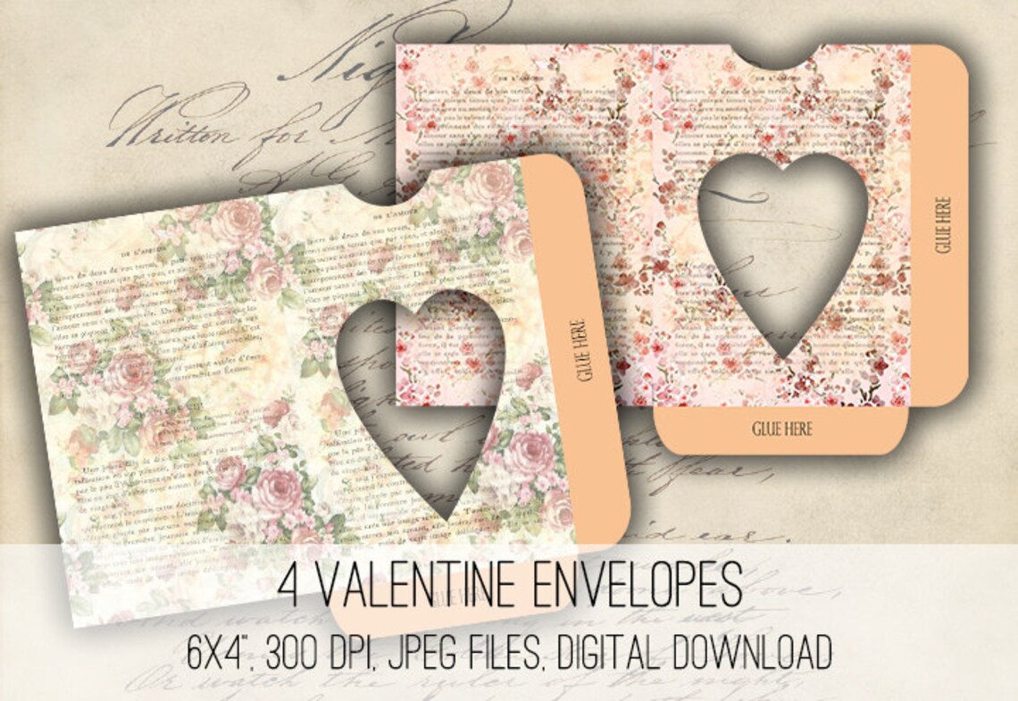 DIGITAL Floral Heart Envelopes Digital Collage Sheet Download | Etsy