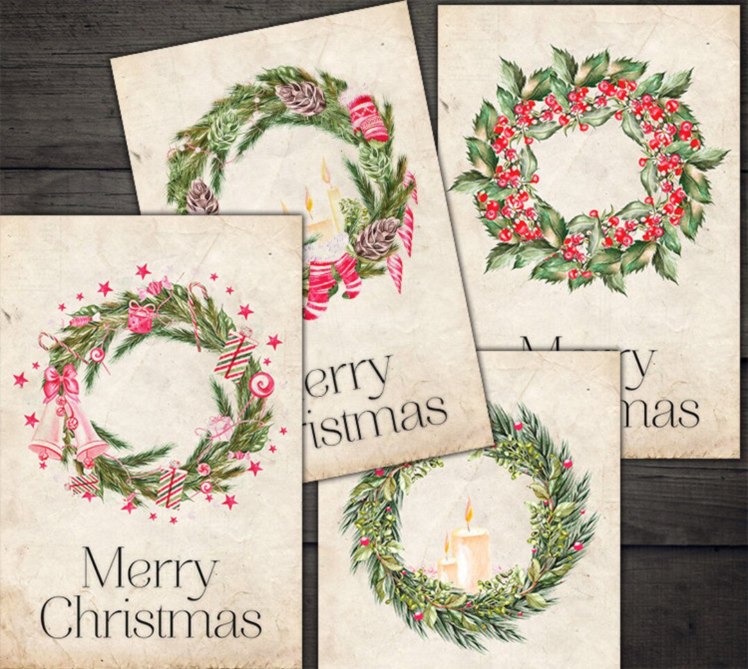 DIGITAL Printable Vintage Christmas Wreath Cards - Digital Vintage ...
