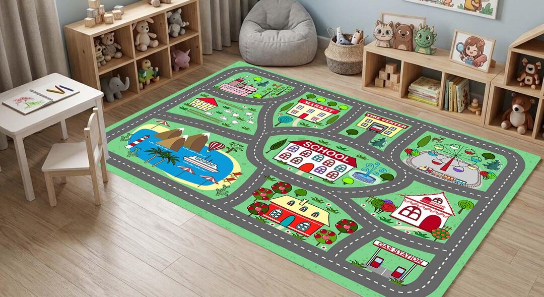 Kids Town Map Play Rug, Road Map Carpet, Nursery Decor, Educational ...