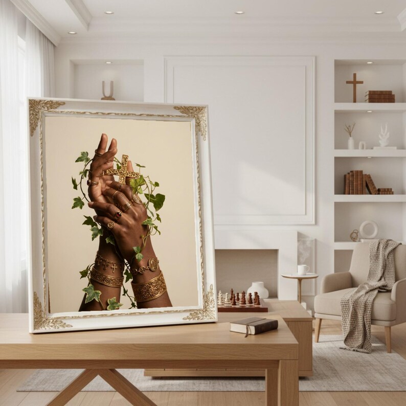 Black Girl Art, Faith Digital Poster, Woman Hands Gold Jewelry Ivy ...