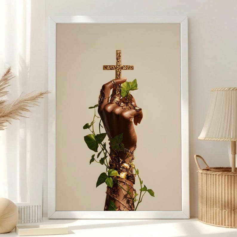 Black Girl Art, Cross Digital Poster, Woman's Hands Gold Jewelry Ivy ...
