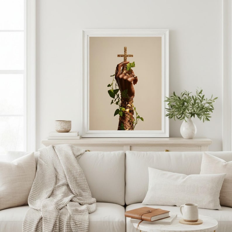 Black Girl Art, Cross Digital Poster, Woman's Hands Gold Jewelry Ivy ...