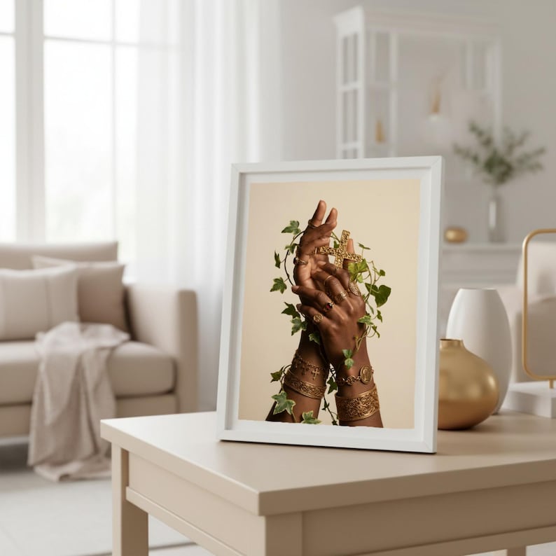 Black Girl Art, Faith Digital Poster, Woman Hands Gold Jewelry Ivy ...