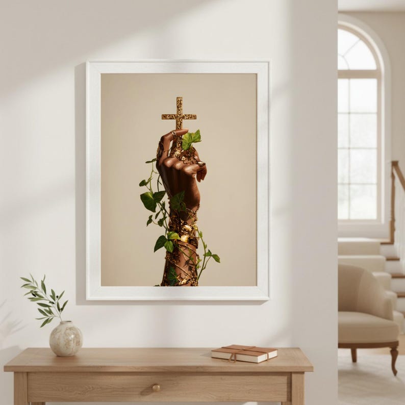 Black Girl Art, Cross Digital Poster, Woman's Hands Gold Jewelry Ivy ...