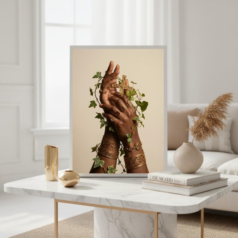 Black Girl Art, Faith Digital Poster, Woman Hands Gold Jewelry Ivy ...