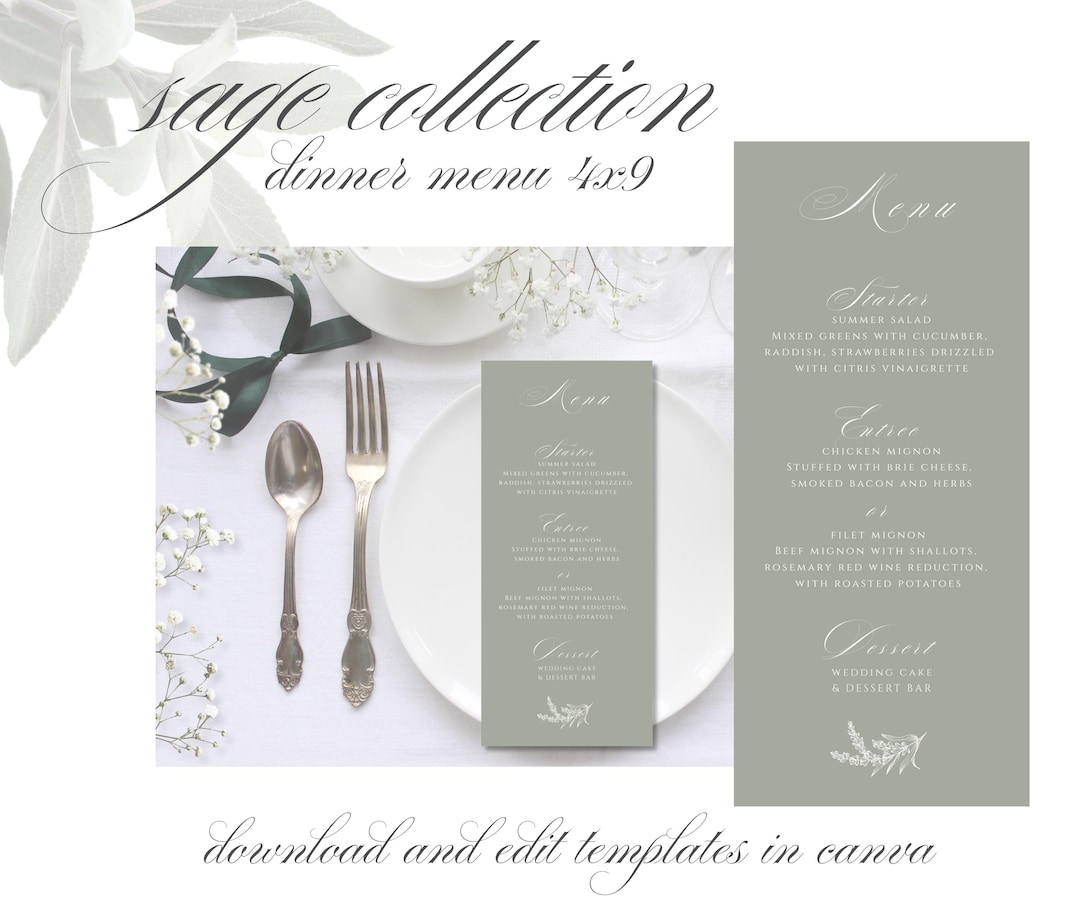 Wedding Dinner Menu Card 4x9 | Editable Canva Printable | Sage Green ...
