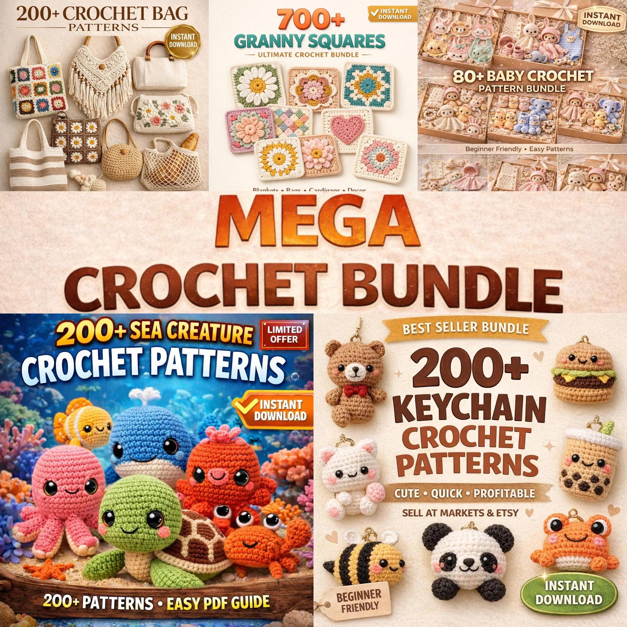 Mega Crochet Patterns Bundle PDF, Amigurumi, Granny Squares, Baby, Bags ...